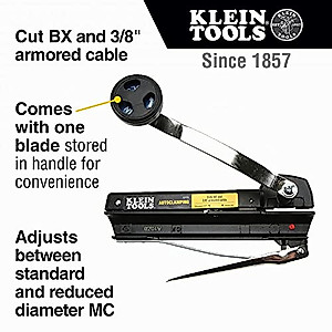 Klein Tools 53725 Armored and BX Cable Cutter, Cuts Up to 3/8 Inch Armored Cable-BX-AC-MC-MCAP-Greenfield, With Storage and Extra Blades