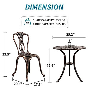 Verano Garden 3 Piece Outdoor Bistro Set Rust-Resistant Cast Aluminum Patio Bistro Set Antique Finish, Weather Resistant Patio Table and Chairs, Outdoor/Indoor Use, Bronze