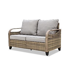 EAGLE PEAK Wicker Outdoor Patio Sofa Modern Rattan Patio Furniture Loveseat for Backyard Deck Porch Balcony, 2 Seat Loveseat, Brown/Gray