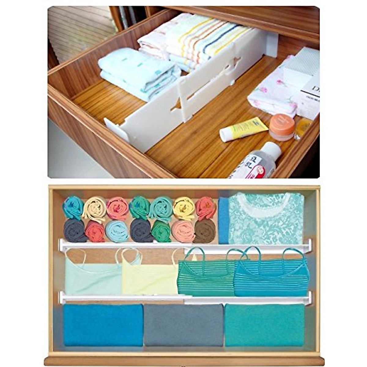 YBM Home Adjustable Drawer Dividers/Organizers for Bedroom, Bathroom, Dresser, Kitchen, and Office Drawers, Spring-Loaded Expandable Drawer Organizers Lock in Place (Set of 2), 2179b