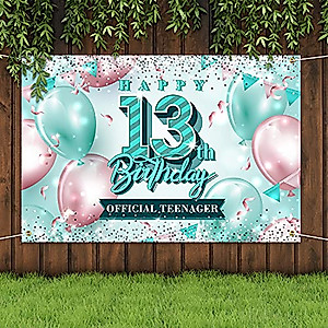 Happy 13th Birthday Banner Backdrop Official Teenager 13 Years Old Pink and Teal Background Bday Decorations for Girls Photography Party Supplies Glitter