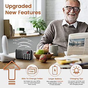 Mini Portable Radio AM FM Pocket Radio with MP3, LED Flashlight, Digital Radio Speaker Support Micro SD/TF Card/USB, Auto Scan Save, 1200mAh Rechargeable Battery Operated, by PRUNUS[Latest Version]