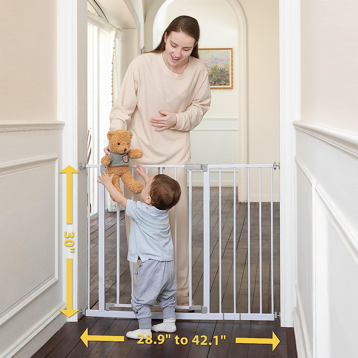 InnoTruth 29-39.6" Width Auto Close Dog Gate, 30" Tall Wide Baby Gate for Pets, Extra Wall Pressure or Hardware Mounted for Stairs, Doorways, Bedrooms, Safety Child No Drill Walk Through Gate, White