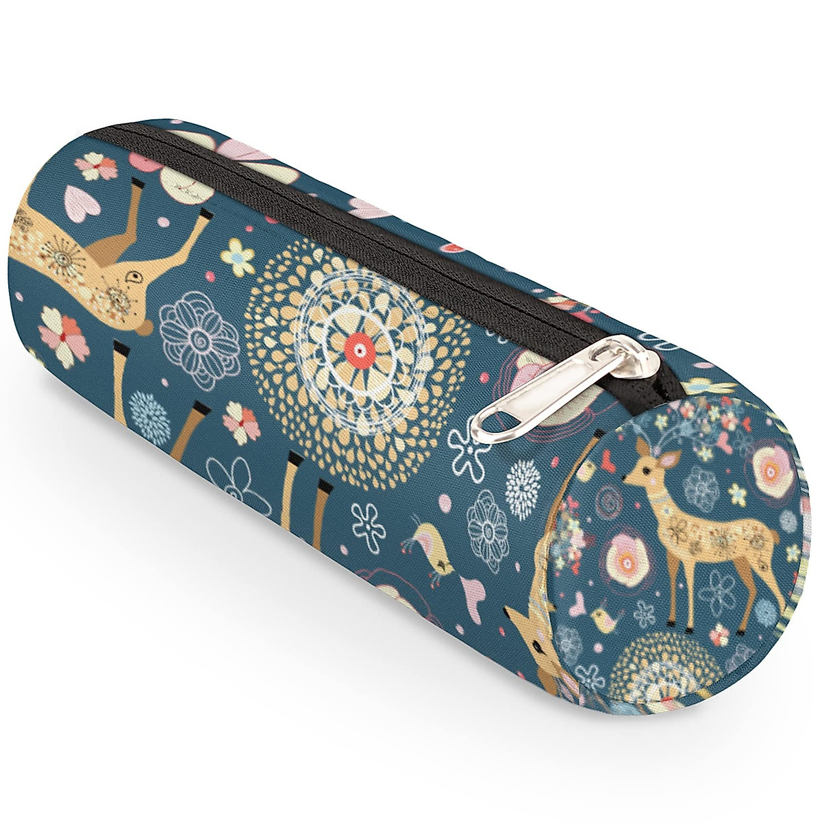 Flower Deer Bird Canvas Pencil Case for Pen Pouch Bag, Durable Compact with Zipper Round Pencil Case, Stationery Organizer Bag Purse for Kids Girls Boys School Adults Office