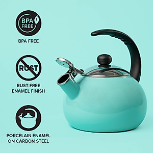 Farberware Luna Water Kettle, Whistling Tea Pot, Works For All Stovetops, Porcelain Enamel on Carbon Steel, BPA-Free, Rust-Proof, Stay Cool Handle, 2.5qt (10 Cups) Capacity (Aqua)