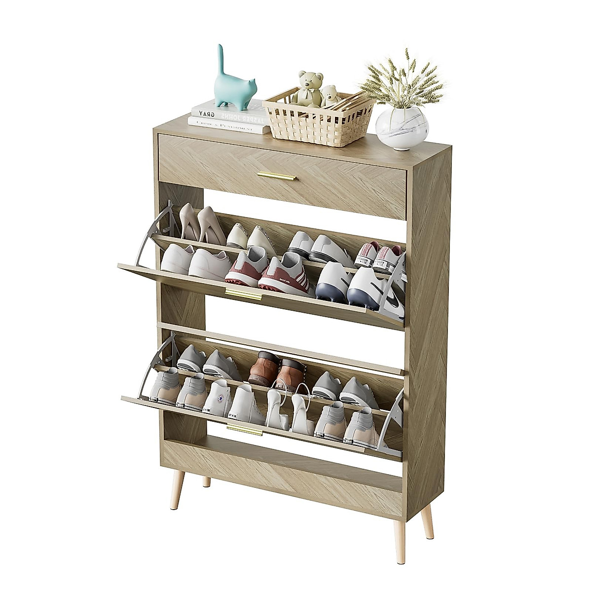 Anmytek Shoe Storage Cabinet with 2 Flip Drawers & 1 Drawer, Natural Oak Slim Shoe Cabinet with Wooden Legs, Freestanding Hidden Narrow Shoes Organizer Cabinet for Entryway, Hallway