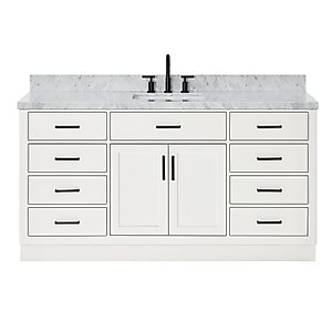 ARIEL Single Bath Vanity 67" White, 1.5" Carrara Marble Countertop & Splash, Rectangular Sink, 2 Soft Closing Doors, 9 Full Extension Dovetail Drawers, Toe Kick, Matte Black