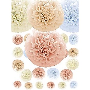 Natural Neutral Colors Tissue Paper Pom Poms [24 Pack - Sizes 14", 10", 8", 6" in White, Champagne, Peach, Ivory] Party Decor Pompoms - Paper Flowers for Weddings, Showers & Room Decorations
