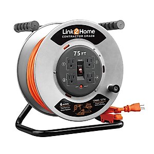 Link2Home Contractor Grade Retractable Extension Cord Reel 75 Ft. With 4 Outlets & Heavy Duty/High Visibility 3-Prong SJTW Cord
