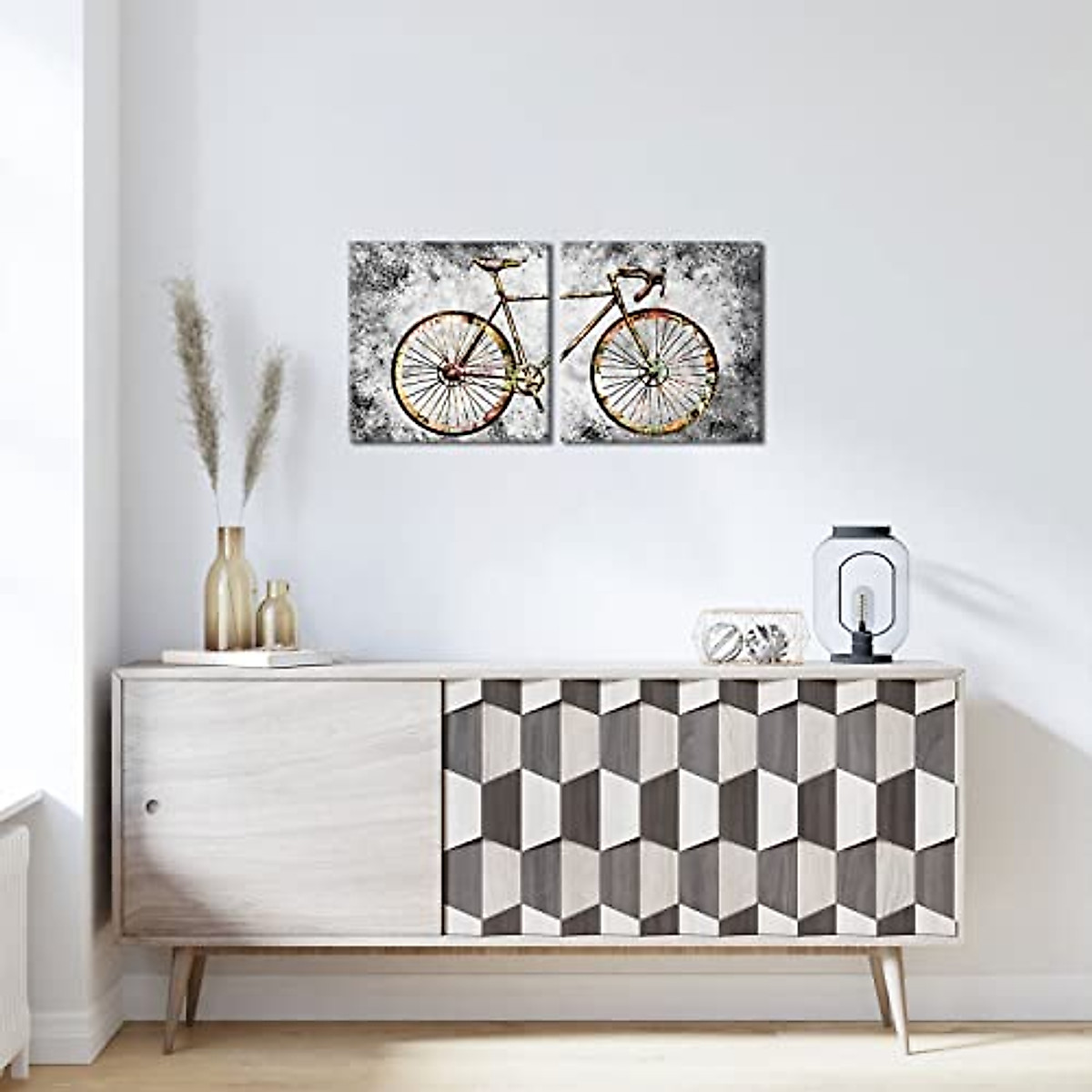 HOMEOART Rustic Bicycle Graffiti Wall Art Mountain Bike Painting Retro Bike Canvas Prints Framed Artwork Farmhouse Living Room Bedroom Decoration 12"x12"x2Pieces