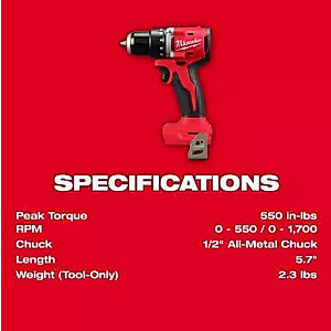 Milwaukee 3601-20 M118 18V Lithium-Ion Brushless Cordless 1/2 in. Compact Drill/Driver (Tool Only), Red