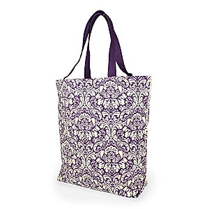 DII CAMZ33546 100% Cotton, Machine Washable Heavy Duty Canvas Reusable Shopping Tote Bag, Natural and Eggplant Damask, Set of 3