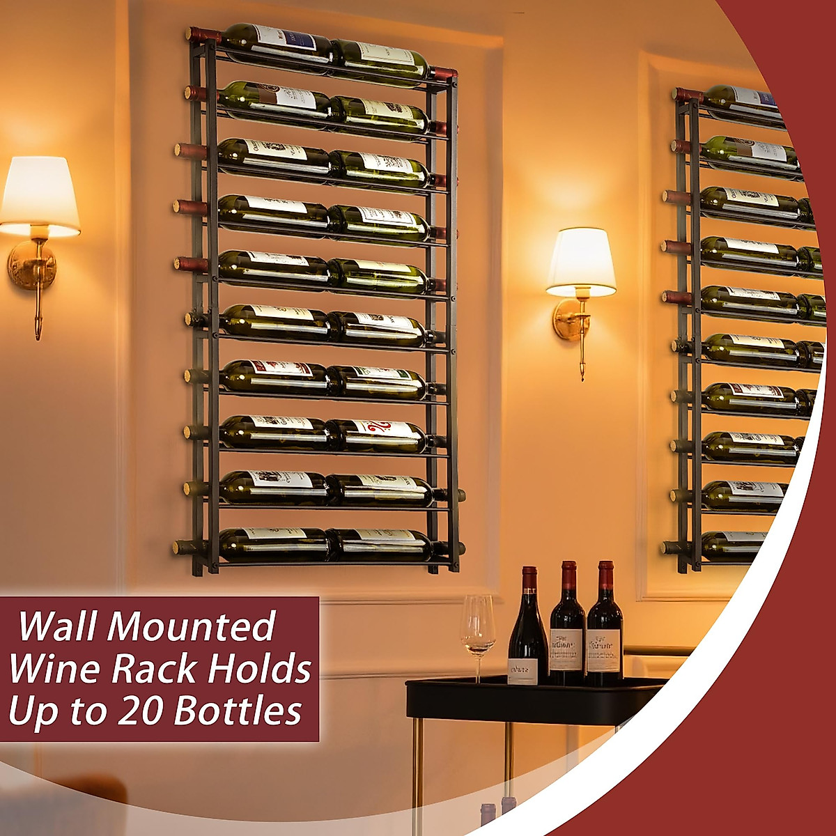 AQAREA Wine Rack Wall Mounted Wine Rack (Black/Metal) 20 Bottle Wine Rack Wall Mounted, Assembled Wall Wine Storage Holder