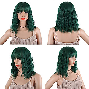DEYNGS Fashion Short Wavy Wigs With Flat Bangs Natural Black Synthetic Full Wigs For Women None Lace Wigs That Look Real Heat Resistant +Free Wig Cap (Green)