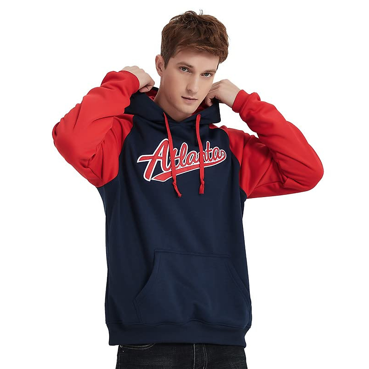 DELUSPTOMAY Mens Atlanta Baseball Team Big Embroidery Hooded Sweatshirt Pullover Casual Hoodie - Navy XL