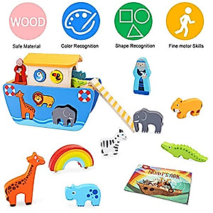 KMTJT Toddlers Wooden Noah's Ark Toy Animal Playset, Baptism Gifts for 1 2 3 Boys Girls, Shape Sorter Early Learning Montessori Toys with Bible Story Book for 12 18 24 Months Babies