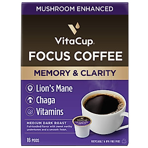 VitaCup Lightning Coffee Pods, Enhance Memory & Focus w/ 2X Caffeine,16CT | Focus Mushroom Coffee Pods, Boost Focus & Immunity w/Lions Mane, Chaga, B Vitamins, D3 16CT