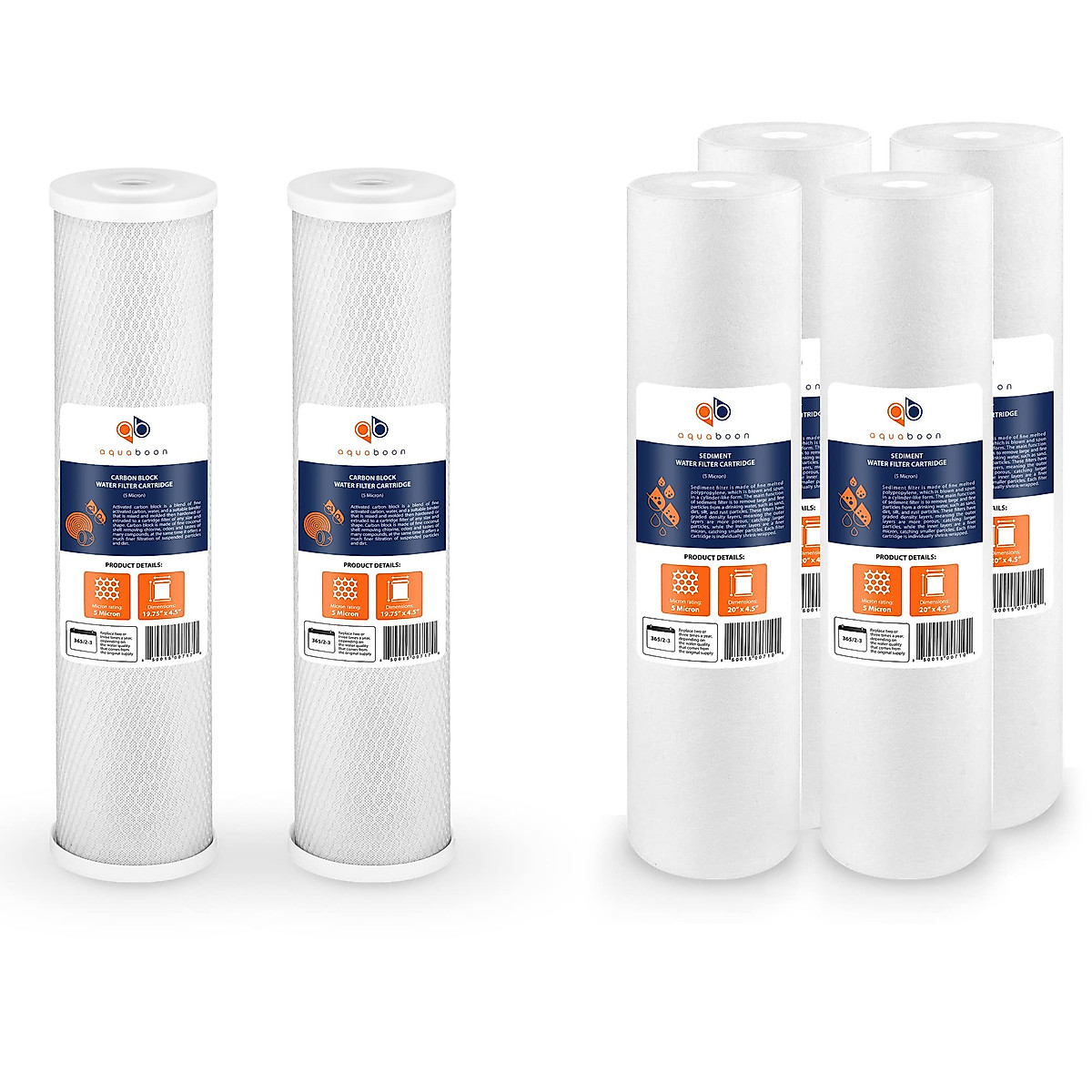 Aquaboon 2-Pack Coconut Shell Water Filter Cartridge & Aquaboon 4-Pack of 5 Micron 20" x 4.5" Sediment Water Filter Replacement Cartridge | Universal Whole House 5 Micron 20 inch Cartridges