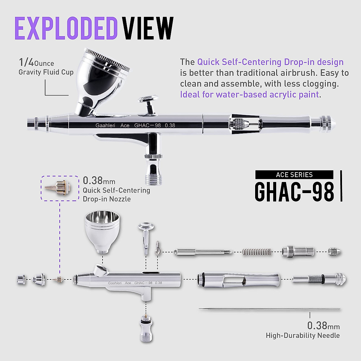 Gaahleri Airbrush Kit, Airbrush Gun with Dual-Action Function, Gravity Fluid Cup 1/4 oz, Cutaway Handle, 0.38 mm Needles All-Purpose Air Brush Makeup Model Coloring Painting Nail Art Tattoo