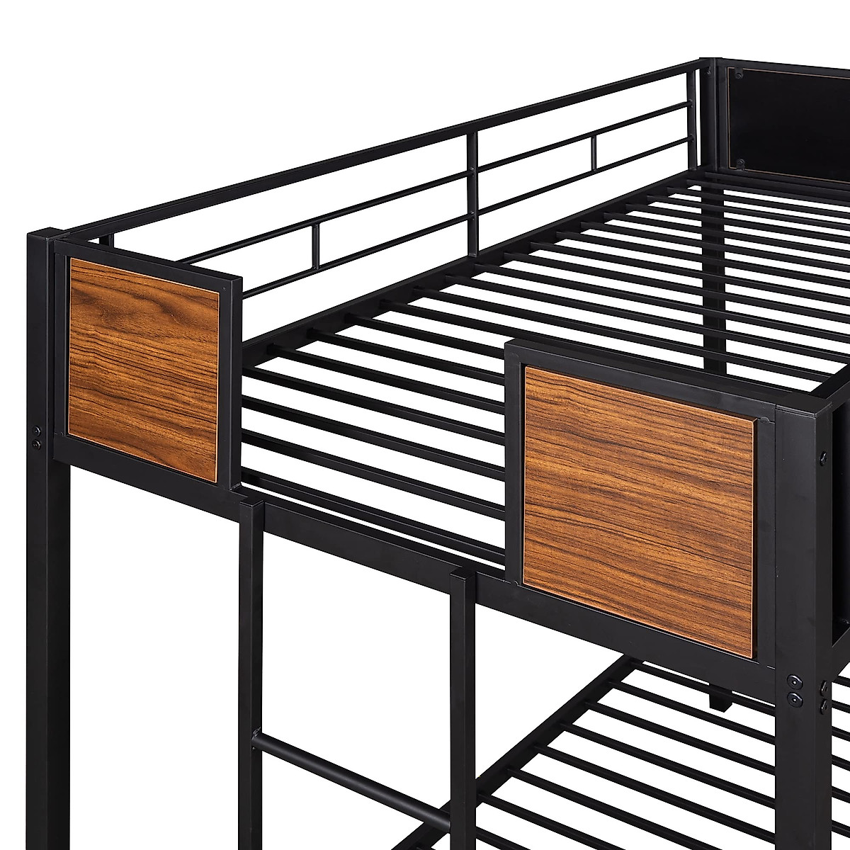 Twin over Twin Metal Bunk Bed, Modern Style Heavy-Duty Steel Frame Bunk Bed with Safety Rail, Built-in Ladder for Bedroom, Dorm, Boys, Girls, Adults (Black + Brown)