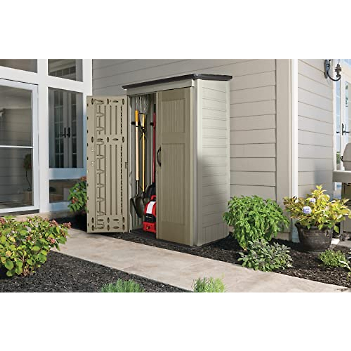 Rubbermaid Outdoor Small Vertical Resin Storage Shed, 5x2 Feet, Brown, Weather Resistant Utility Shed with Lock for Storage for Lawn Accessories/Power Tools/Outdoor Toys/Hose