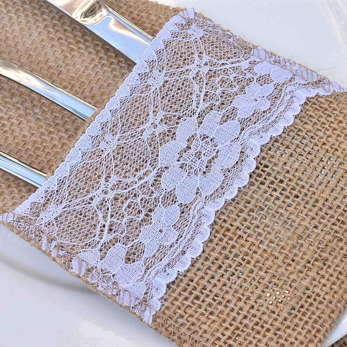 Awtlife 60 Packs Xmas Burlap Lace Utensil Holders Silverware Cutlery Pouch Knifes Forks Bag for Vintage Wedding