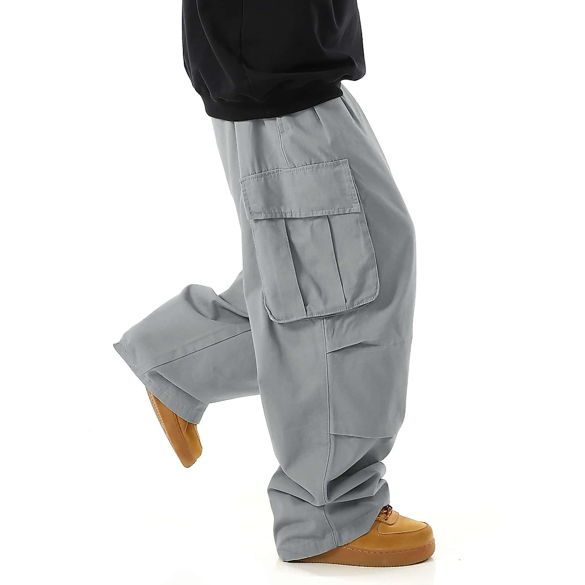 OYOANGLE Men's Drawstring Elastic Waist Flap Pockets Streetwear Baggy Cargo Pants Joggers Hiking Trousers Light Grey L