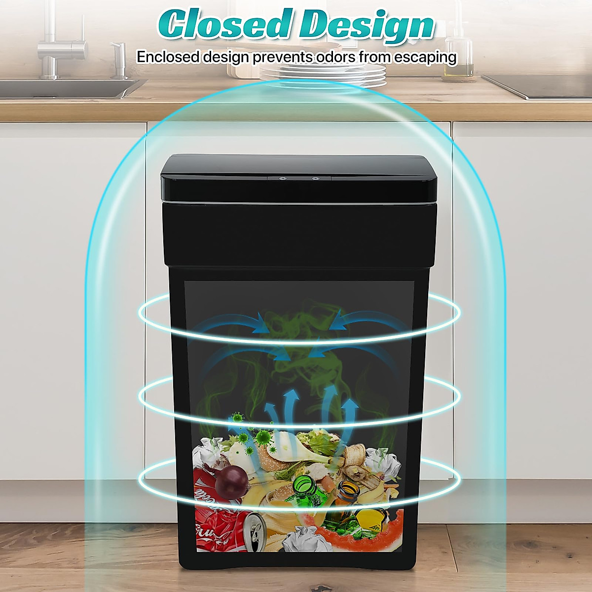 Dlewmsyic 50L / 13 Gallon Kitchen Trash Can with Lid, Fingerprint-Resistant Automatic Garbage Can, Large Capacity Plastic Touchless Sensor Garbage Bin for Bathroom, Bedroom and Home Office（Black）