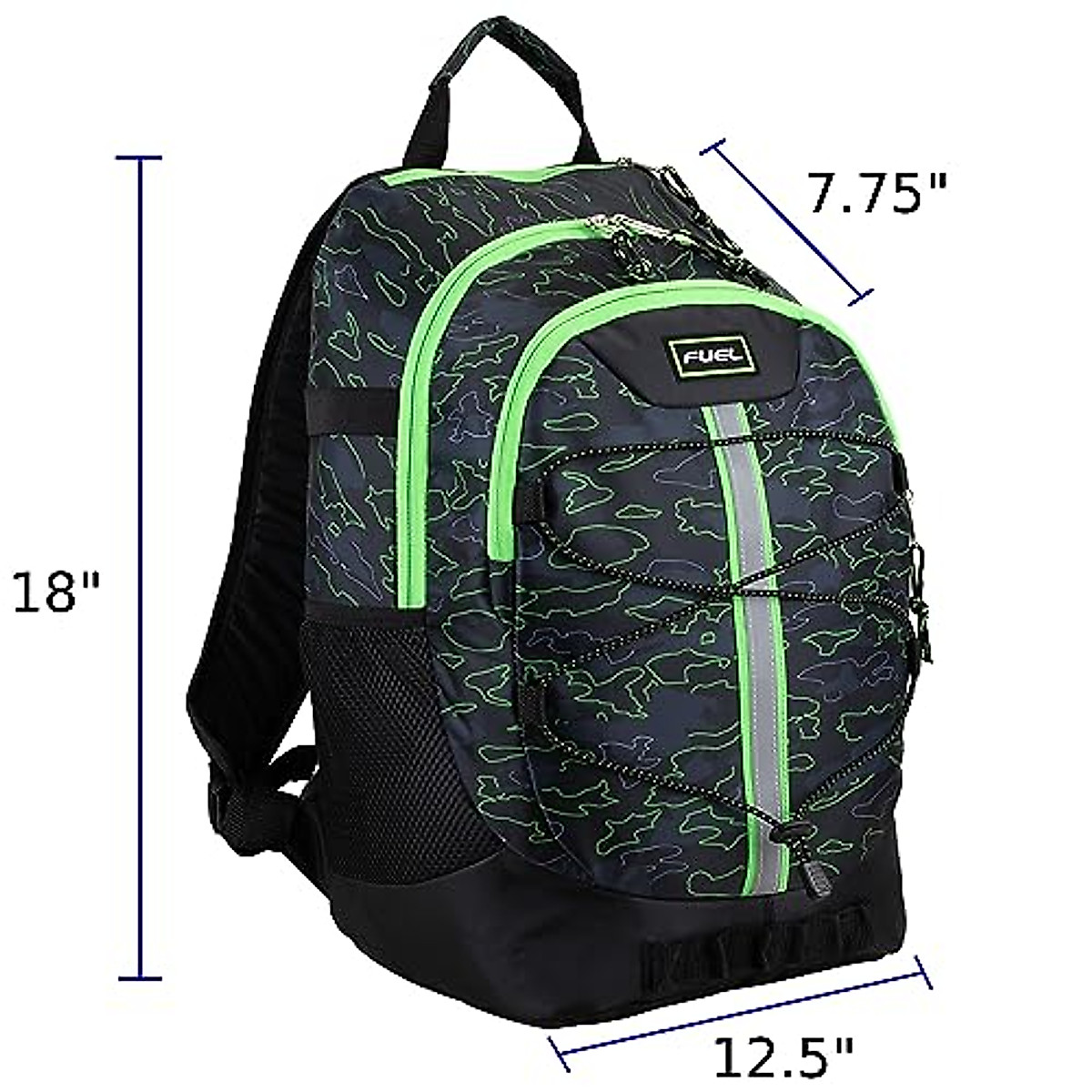 FUEL 18” Unisex Backpack Terra Sport Spacious Dual Compartment w/Laptop Sleeve and Bungee for Travel, College, Work - Neon Outline Camo