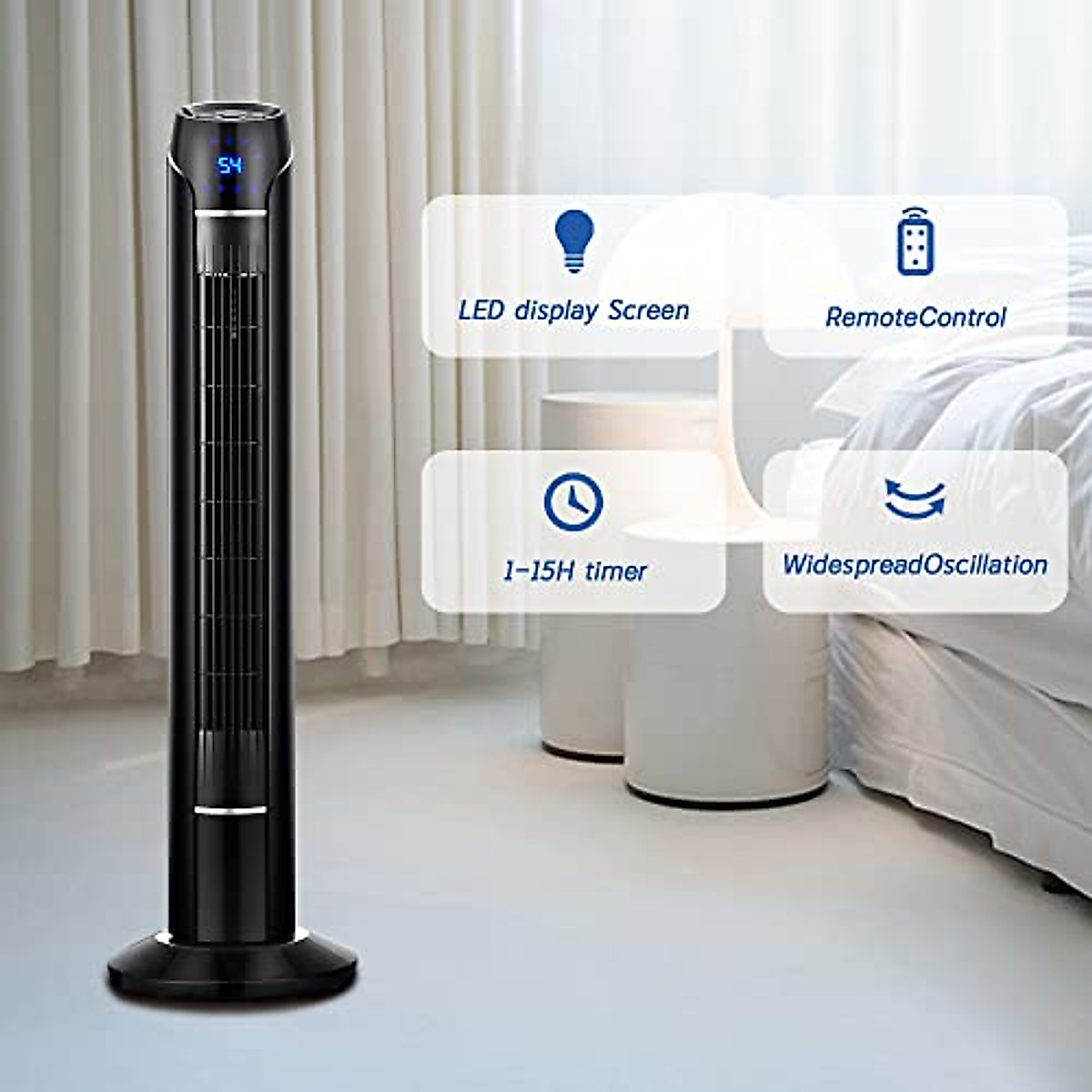 AKIRES Tower Fan 15H Timer 36” 70° LED Display Remote Control Oscillating Bladeless Fan with 3 Speeds,3 Modes,Quiet Cooling Powerful Standing Floor Fans for Indoor, Bedroom,Home and Office (Black)