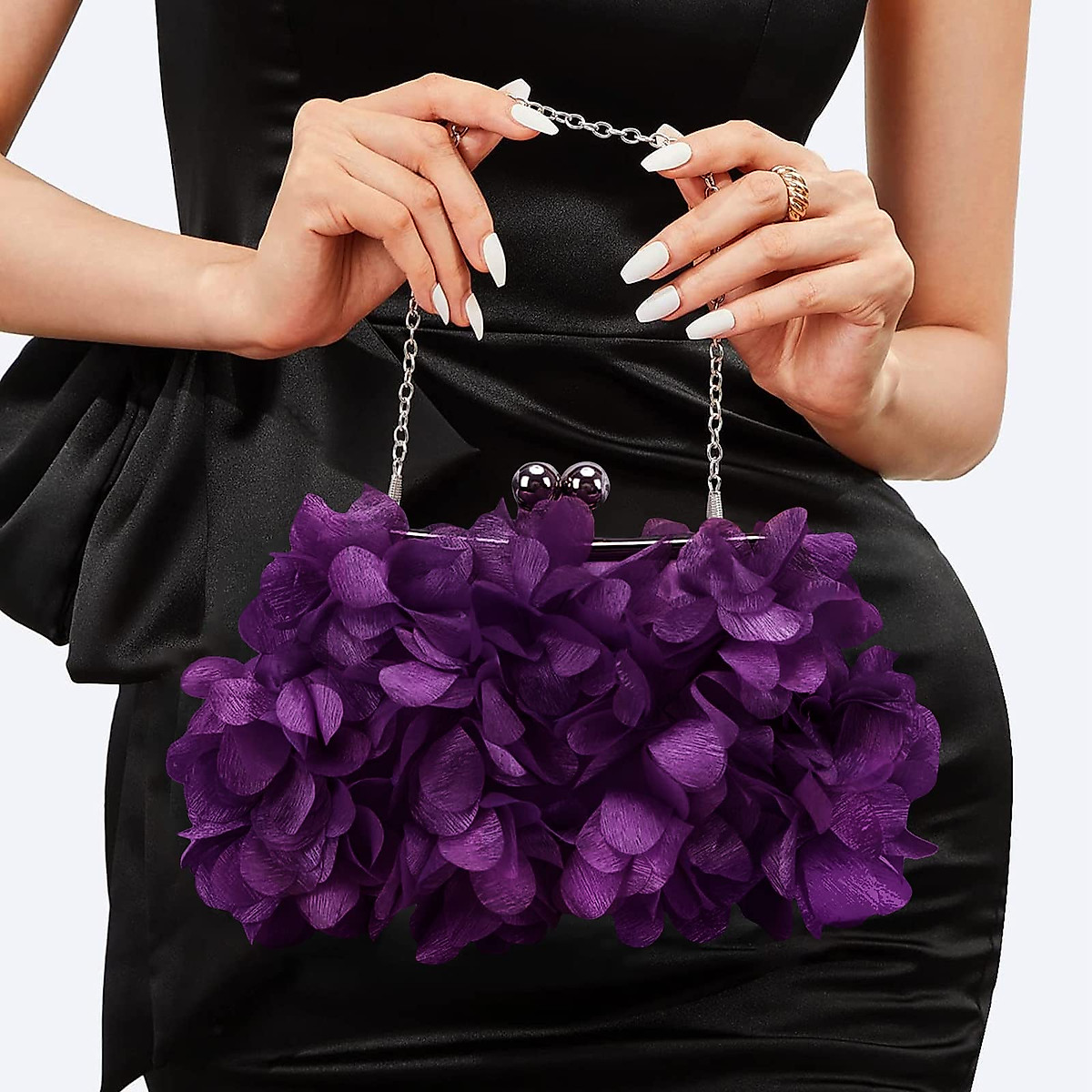 JAMBHALA Mini Women Clutch Evening Bag Small Floral Purses with Chain for Wedding, Party, Prom, Purple