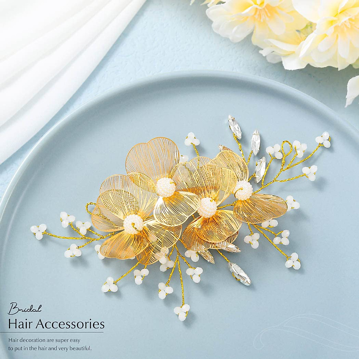 Catery Flower Bride Wedding Hair Vine Gold Floral Headband Pearl Bridal Headpiece Head Piece Hair Band Hair Accessories for Women and Girls