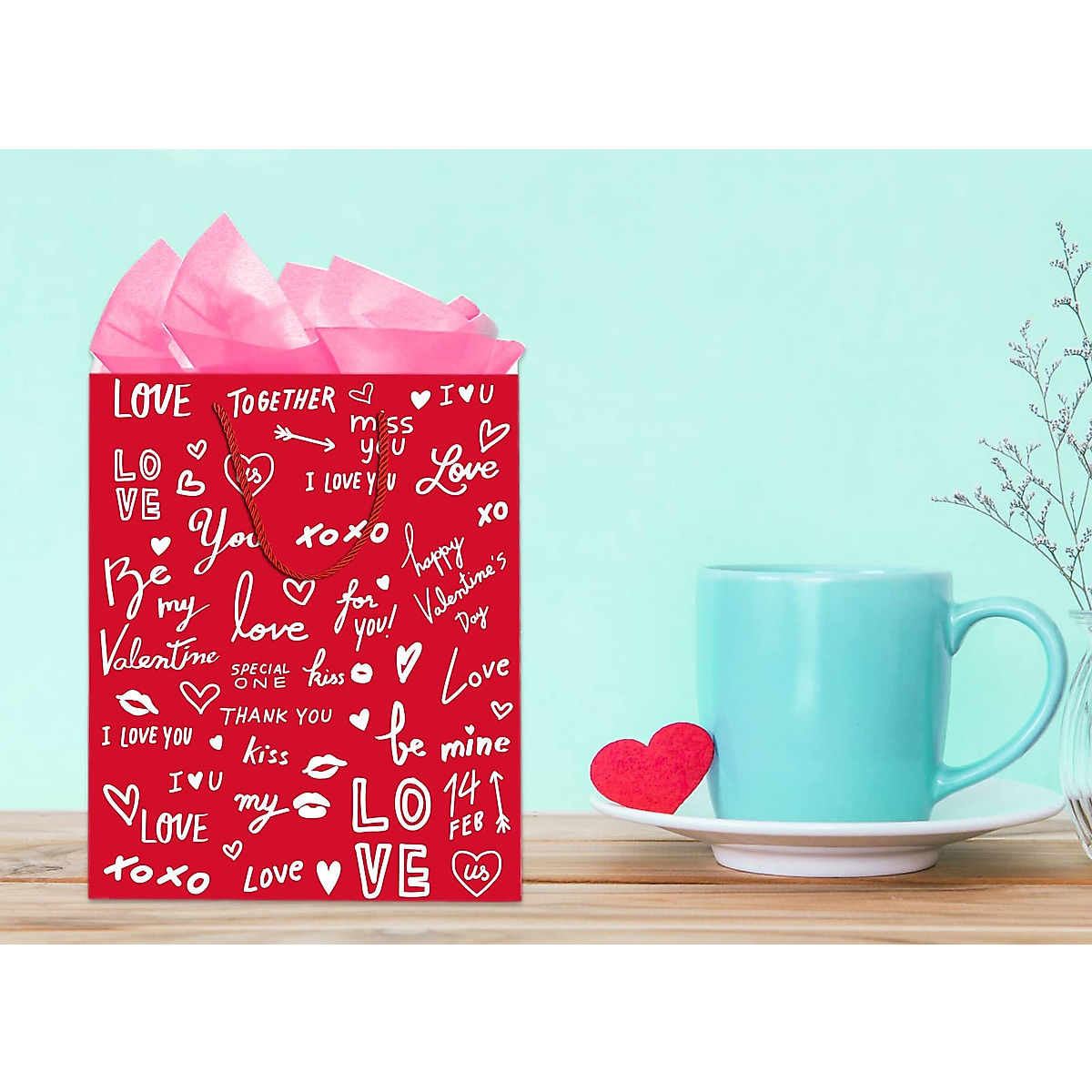 FaCraft Valentines Gift Bags with Handle,Large Happy Valentines Day Gift Bags with Tissue Paper for Her Him Girlfriend Boyfriend,Red Valentine Paper Gift Bag for Valentine's Day Anniversary Wedding