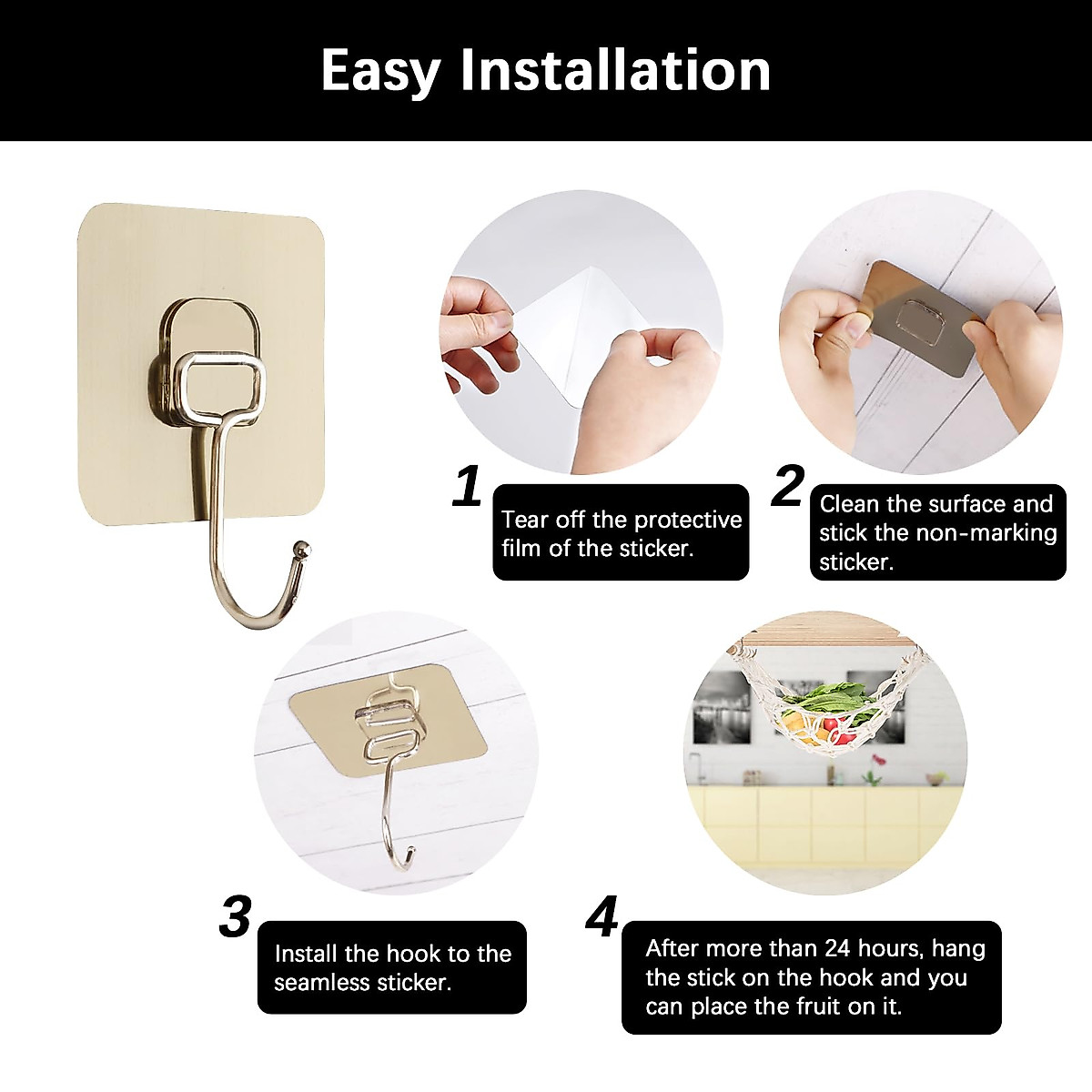 Fruit Basket Hammock Under Cabinet Adhesive, Woven Vegetable Hanging Basket, Fruit Storage for Kitchen with Banana Hooks, Mesh Fruit Holder Organization for Home Dining Room Decor