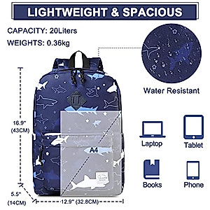 VASCHY Backpack for School, Lightweight Water Resistant Bookbag Casual Daypack for Man/Boys Shark