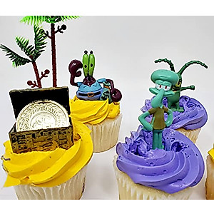 Spongebob Squarepants 11 Piece Birthday Cupcake Topper Set Featuring 2" to 3" Cupcake Toppers of Squidward, Sandy Cheeks, Patrick Star, Mr. Krabs, Plankton, Gary and More