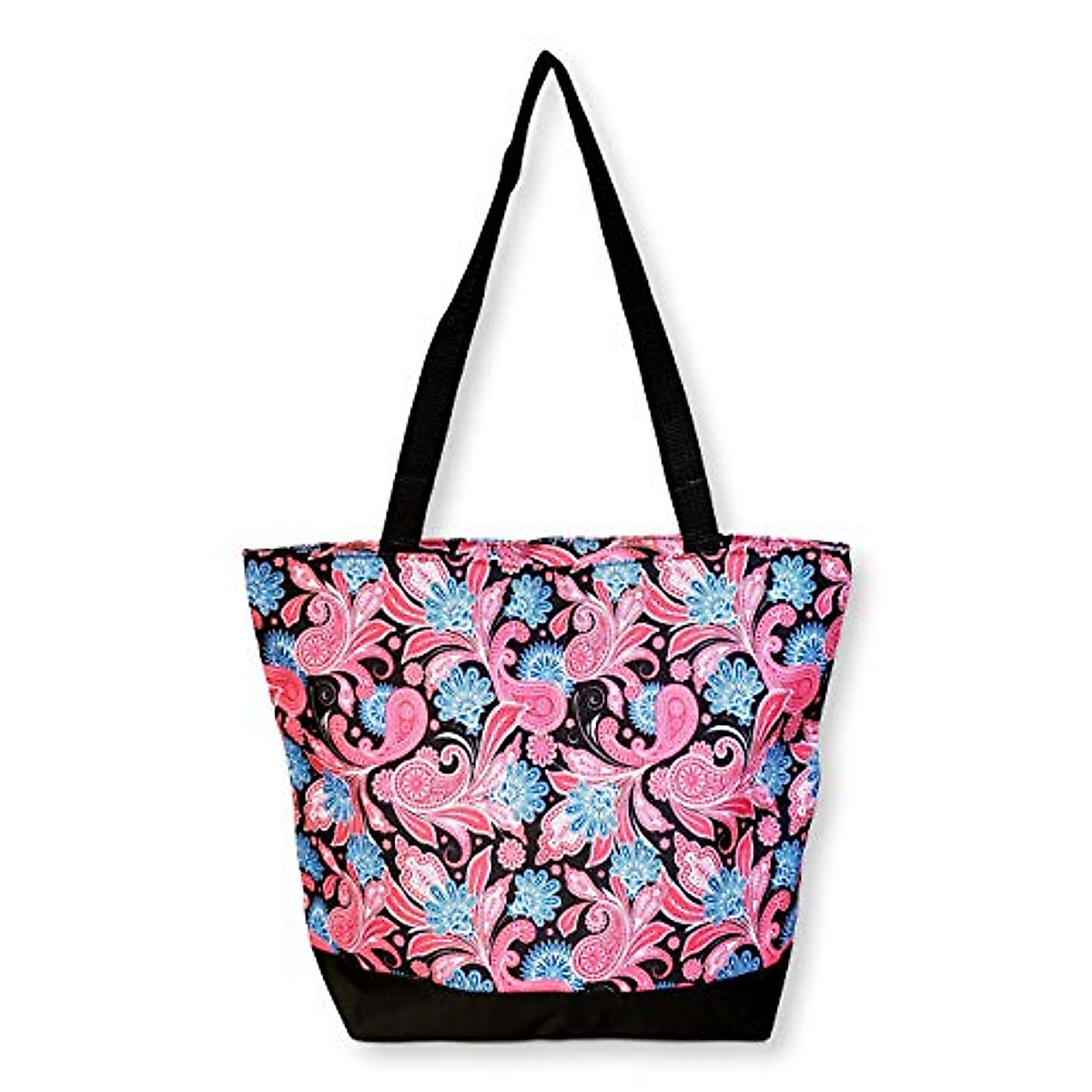 Women Teen Fashion Print Lined Top Zipper Tote Bag Handbag with Lined Interior - Can be Personalized (Black Trim Pink Paisley)