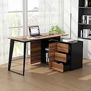 Homsee Home Office Computer Desk Corner Desk with 3 Drawers, 2 Shelves & 2 Doors, 55 Inch Large L-Shaped Study Writing Table with Storage Cabinet, Black & Brown (54.3”L x 40.9”W x 29.1”H)