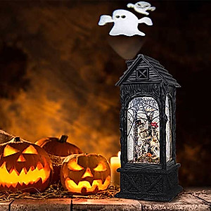 Eldnacele Halloween Ghost Projection Snow Globe Lantern with 6-Hour Timer, Lighted Plug-in & Battery Operated Water Glittering Snowing Globe Lantern for Spooky Fall Halloween Festival Party Decoration
