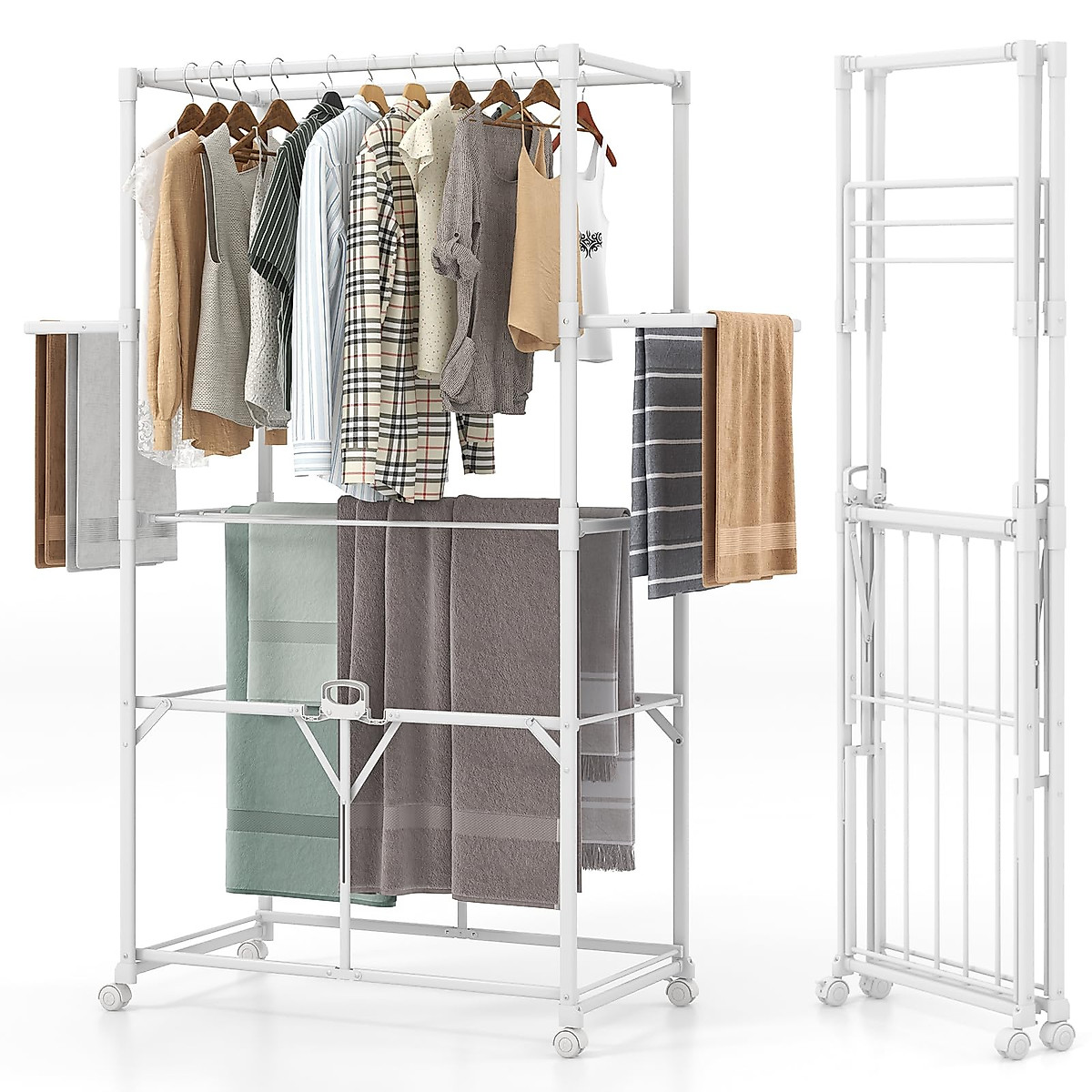 GOFLAME Foldable Clothes Drying Rack, Collapsible Laundry Rack Stand with Hanging Rods, Folding Side Shelves, Removable Middle Shelf, Garment Drying Rack with 4 Universal Wheels for Indoor Outdoor Use