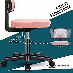 DUMOS Armless Desk Wheels Cute Home Office Chairs, Ergonomic Adjustable Swivel Rolling Task, Comfy Mesh Mid Back Computer Work Vanity Chair for Small Spaces, Pink
