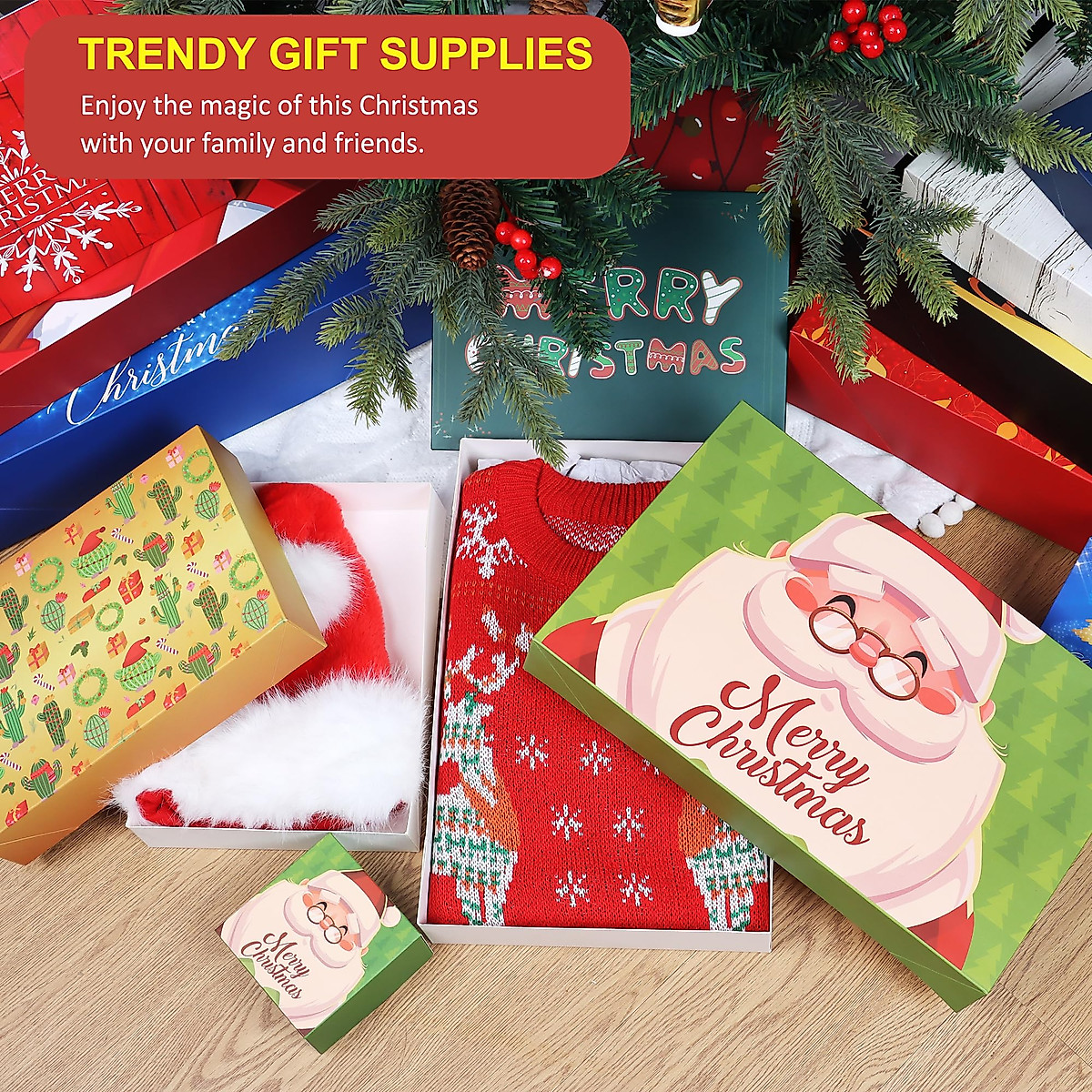 18 Gift Boxes with Lids for Presents, Assorted Christmas Wrapping Boxes for Extra Large Clothes, 12 Designs 4 Size Christmas Robes Shirt Box for Sweater, Xmas Holiday Present Box with 18 Gift Stickers