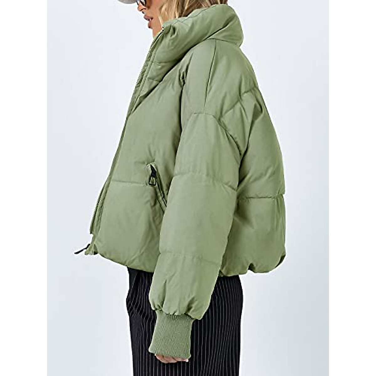 ZCSIA Women's Winter Long Sleeve Full Zipper Oversized Baggy Puffer Short Down Jacket Coat,PeaGreen,XSmall