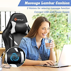 Goplus Massage Gaming Chair with RGB Light, Reclining Backrest Handrails and Seat Height Adjustment Racing Computer Office Chair with Footrest, Ergonomic High Back PU Swivel Game Chair