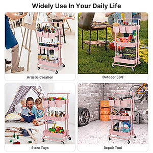 E&D FURNITURE 3 Tier Rolling Storage Cart with Wheels, Utility Art Craft Supply Cart Organizer on Wheels, Multipurpose Adjustable Makeup Cart Hair Salon Trolley with Handle & Hanging Cups Pink