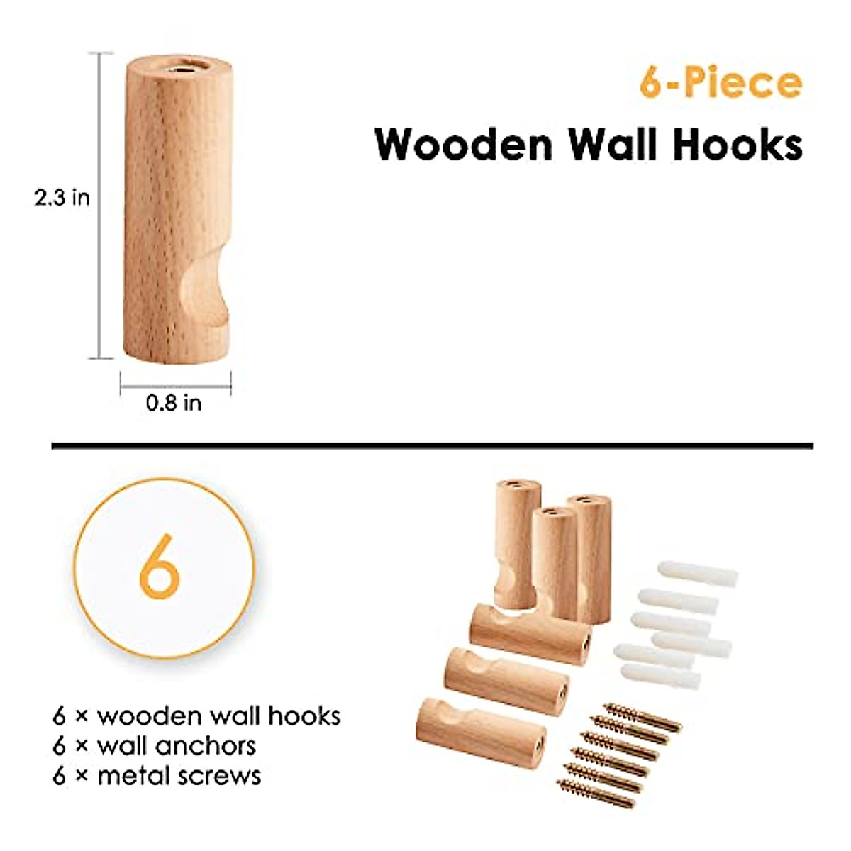 mosuniro Wood Wall Hooks Set, 6 Pack Wall Mounted Single Coat Hook, Decorative Wooden Coat and Hat Hanger Hooks for Hanging Coats Hats and Bags (Beech Wood, 2.3 inch)