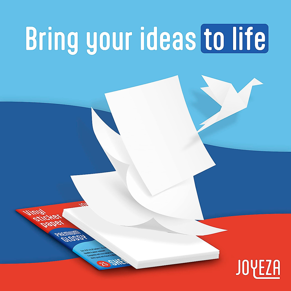 JOYEZA Premium Printable Vinyl Sticker Paper for Inkjet Printer - 25 Sheets Glossy White Waterproof, Dries Quickly Vivid Colors, Holds Ink well - Inkjet & Laser Printer