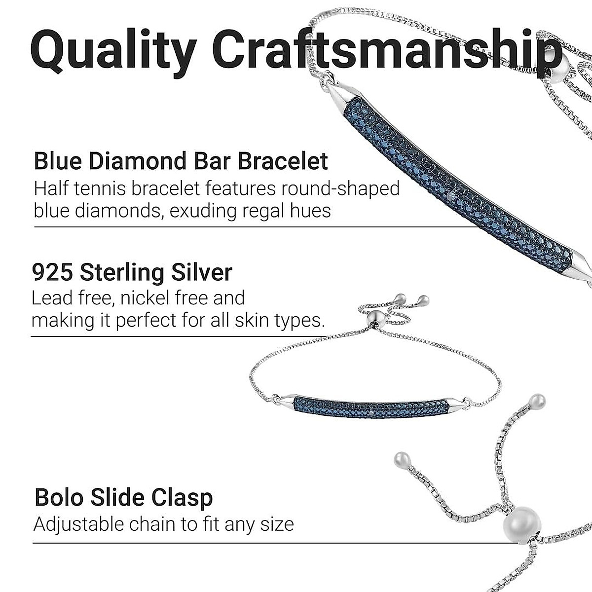 SHOP LC Blue Diamond Bar Bolo Bracelet For Women 925 Sterling Silver Platinum Plated Adjustable I3 Clarity Birthday Gifts for Women