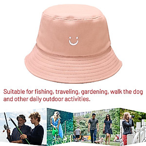 Cotton Bucket Hat for Women Men Summer Travel Sun Beach Bucket Cap, Unisex Outdoor Fisherman Hat (Smiling Face Pink)