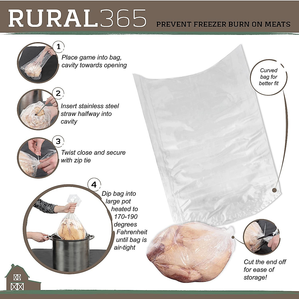 Rural365 Shrink Wrap Poultry Bags 25ct - Chicken Heat Dip Shrinking Wrap Storage Bag, 13 x 18 Inch with Steel Straw